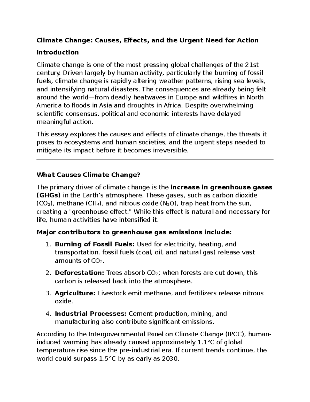 Climate Change: Causes, Effects, and Urgent Action Needed - Essay Notes ...