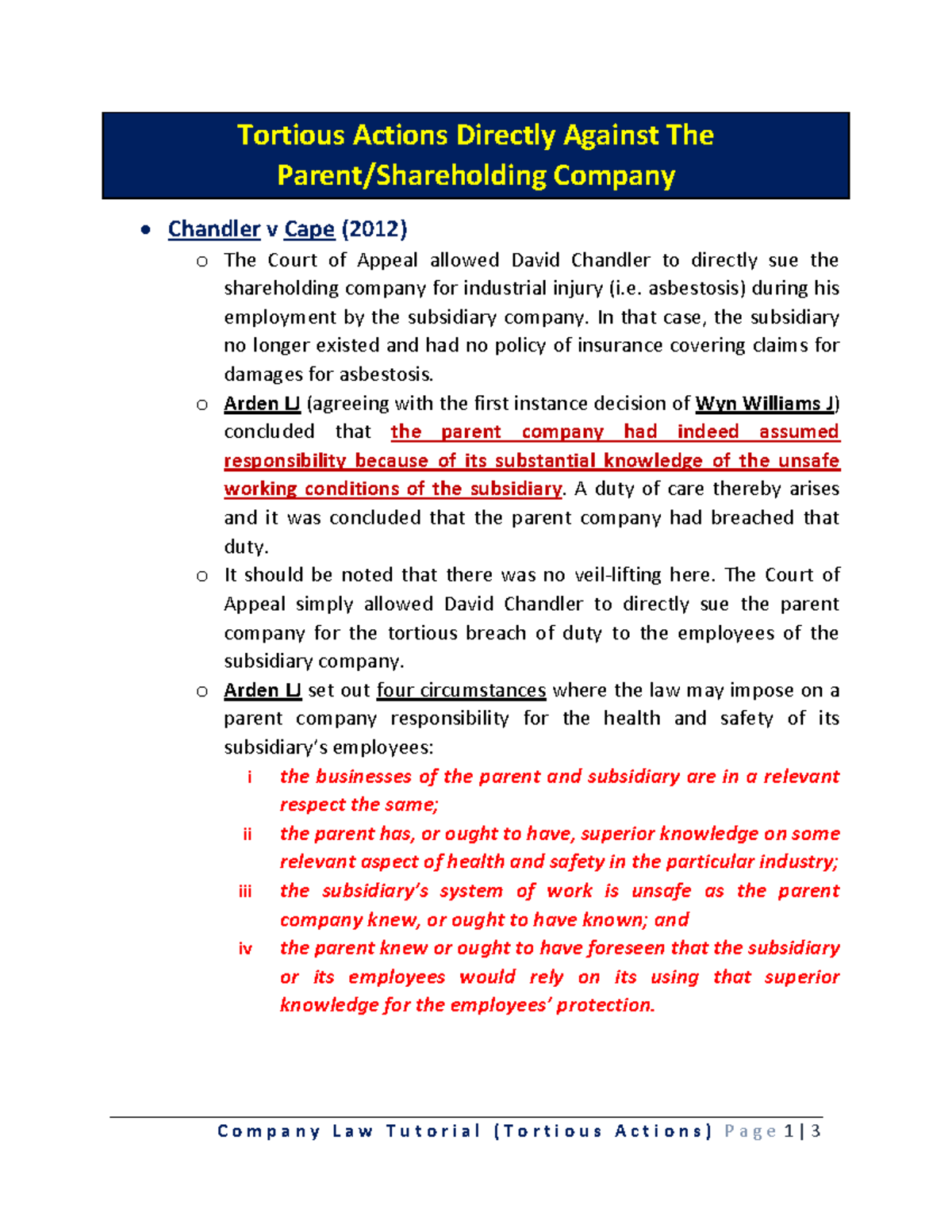 Tortious Actions Summary Notes - Company Law Tutorial (CLT 101) - Studocu