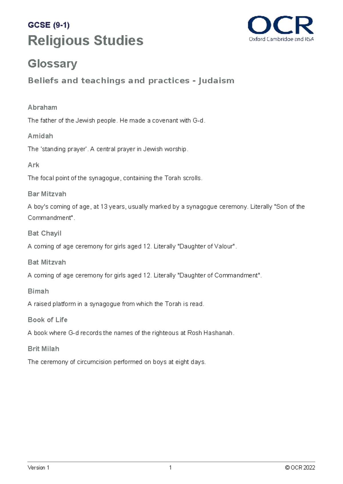 GCSE Religious Studies Glossary: Key Terms in Judaism (OCR 2022) - Studocu