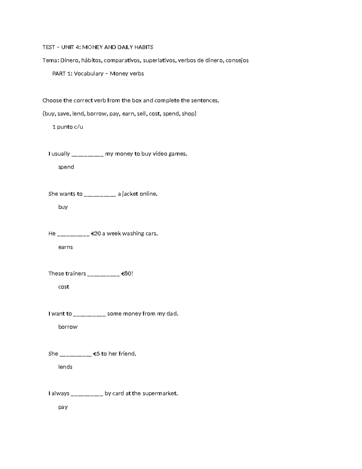 TEST UNIT 4: MONEY AND DAILY HABITS - Vocabulary & Grammar Summary ...