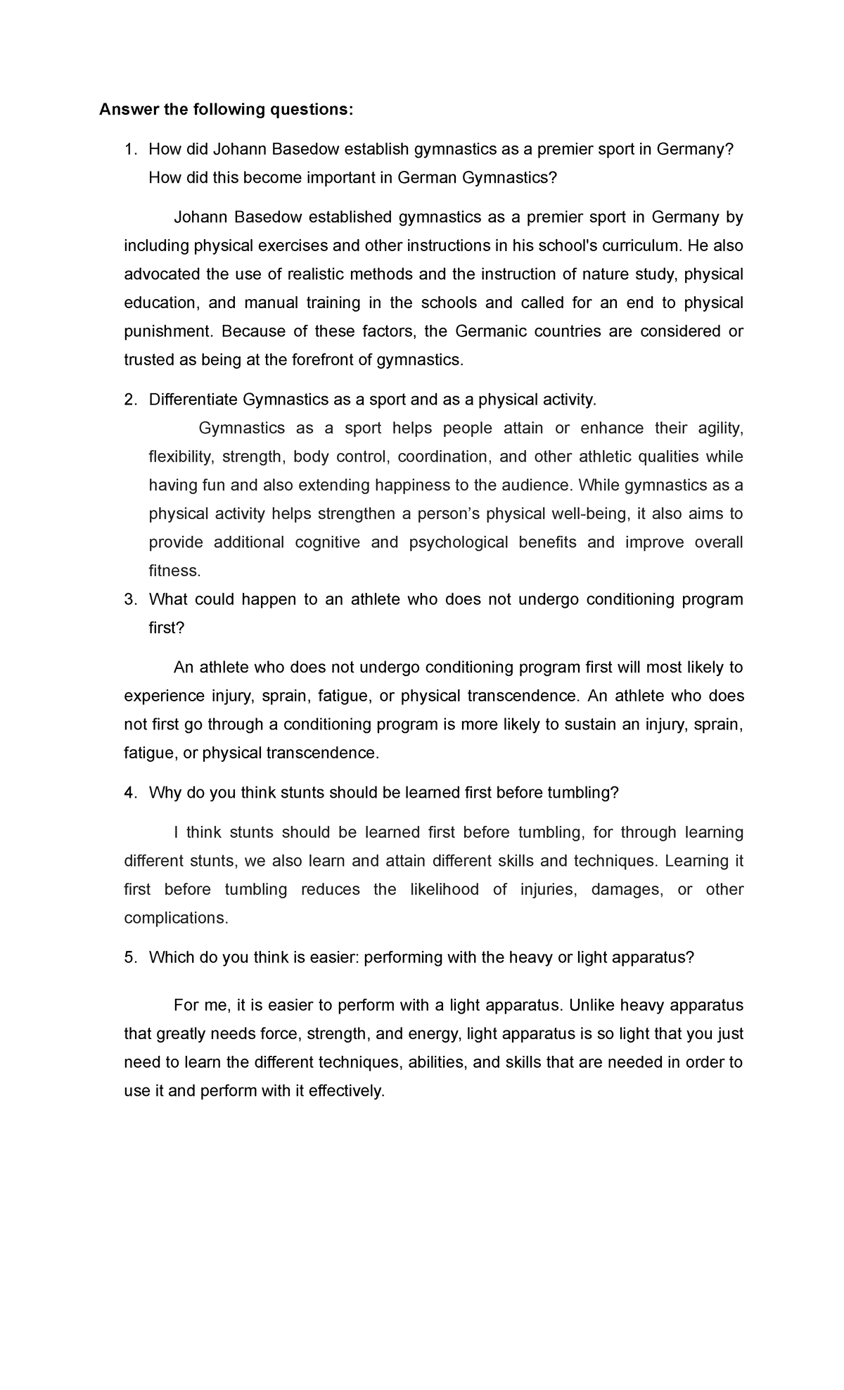 PE Exam Questions and Answers on Gymnastics Fundamentals - Studocu
