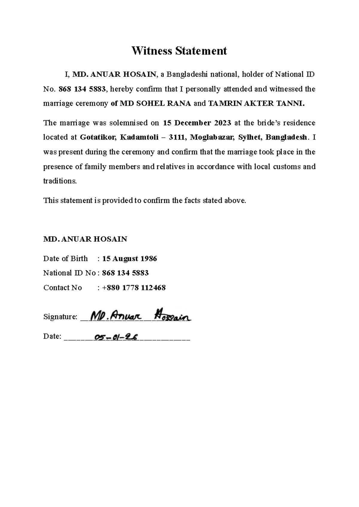 Witness Statement: Marriage of MD SOHEL RANA & TAMRIN AKTER TANNI - Studocu