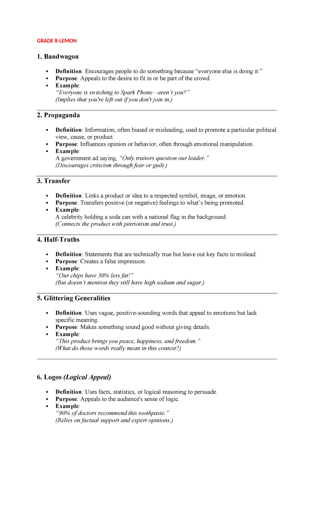 Grade 8 - Persuasive Writing Techniques and Examples - Studocu