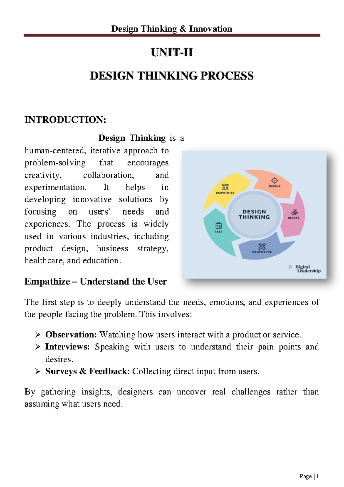DTI UNIT 1 - Design Thinking and innovation - UNIT- INTRODUCTION to DESIGN THINKING INTRODUCTION ...