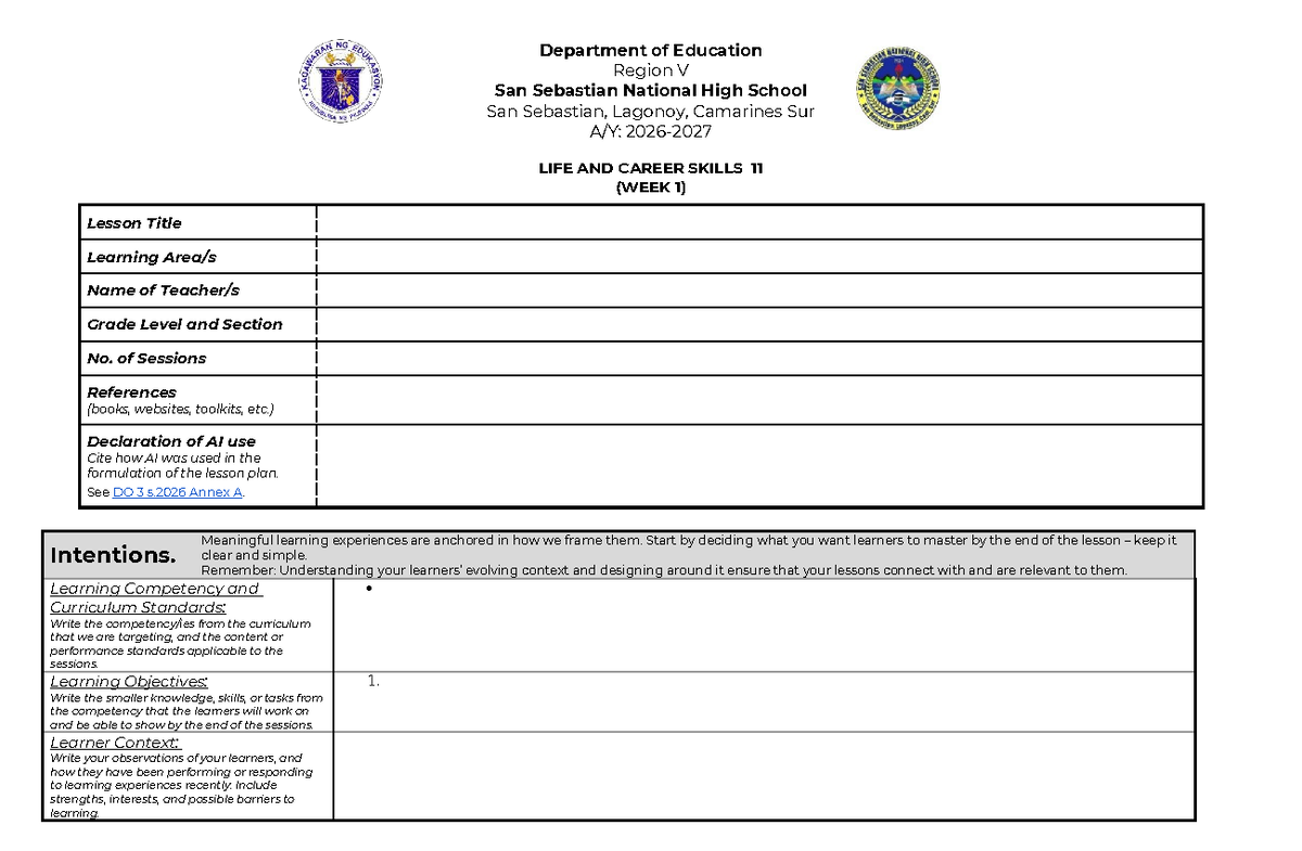 LIFE AND CAREER SKILLS 11 (WEEK 1) Lesson Plan LP ILAW Format - Studocu