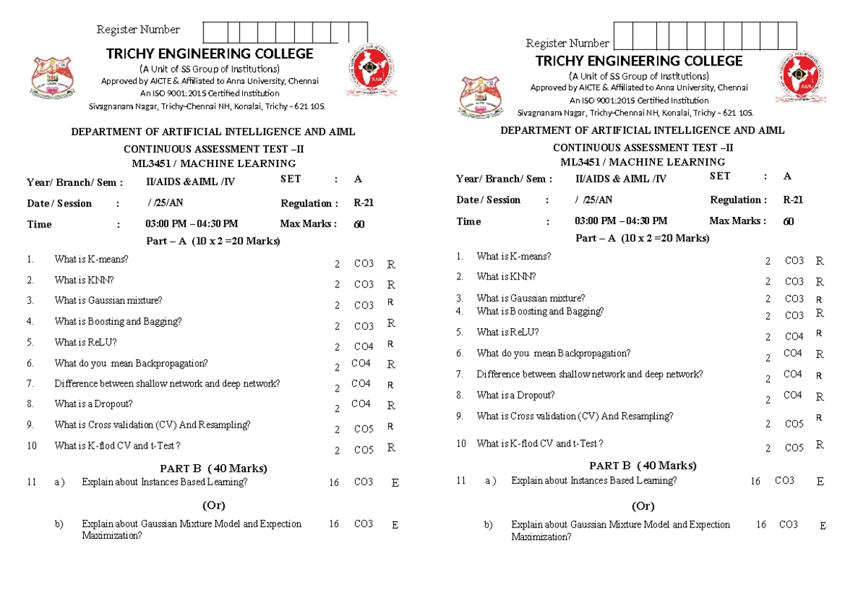 CAT 2 - ML3451 Machine Learning Question Paper - Studocu