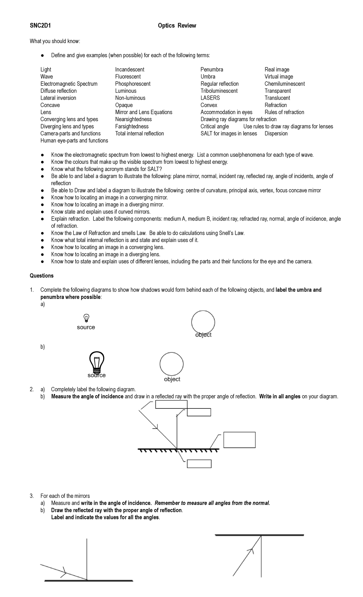 SNC2D1 Optics Unit Final Exam Review Notes and Key Concepts - Studocu