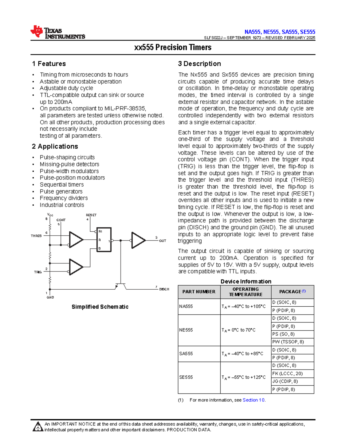 SLFS022J NE555 Precision Timer Datasheet Overview and Features - Studocu
