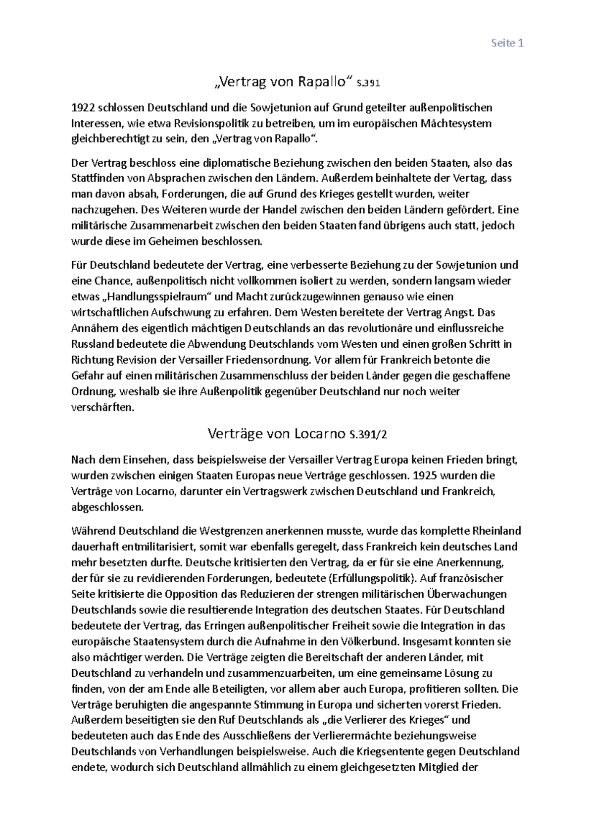 Vertrag von Rapallo und Locarno - Geschichte 12. Klasse Notes - Studocu