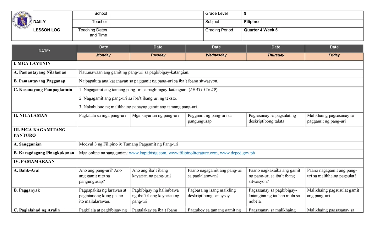 DLL G9 Filipino Q4 Week 7: Pagsusulat ng Mock Trial Script - Studocu