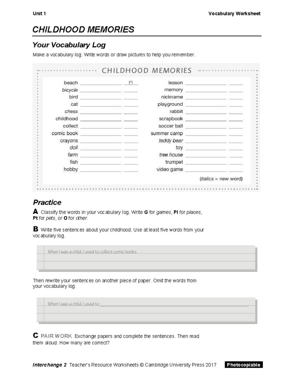 Interchange 5th Ed Level 2 Unit 1 Vocabulary Worksheet: Childhood ...