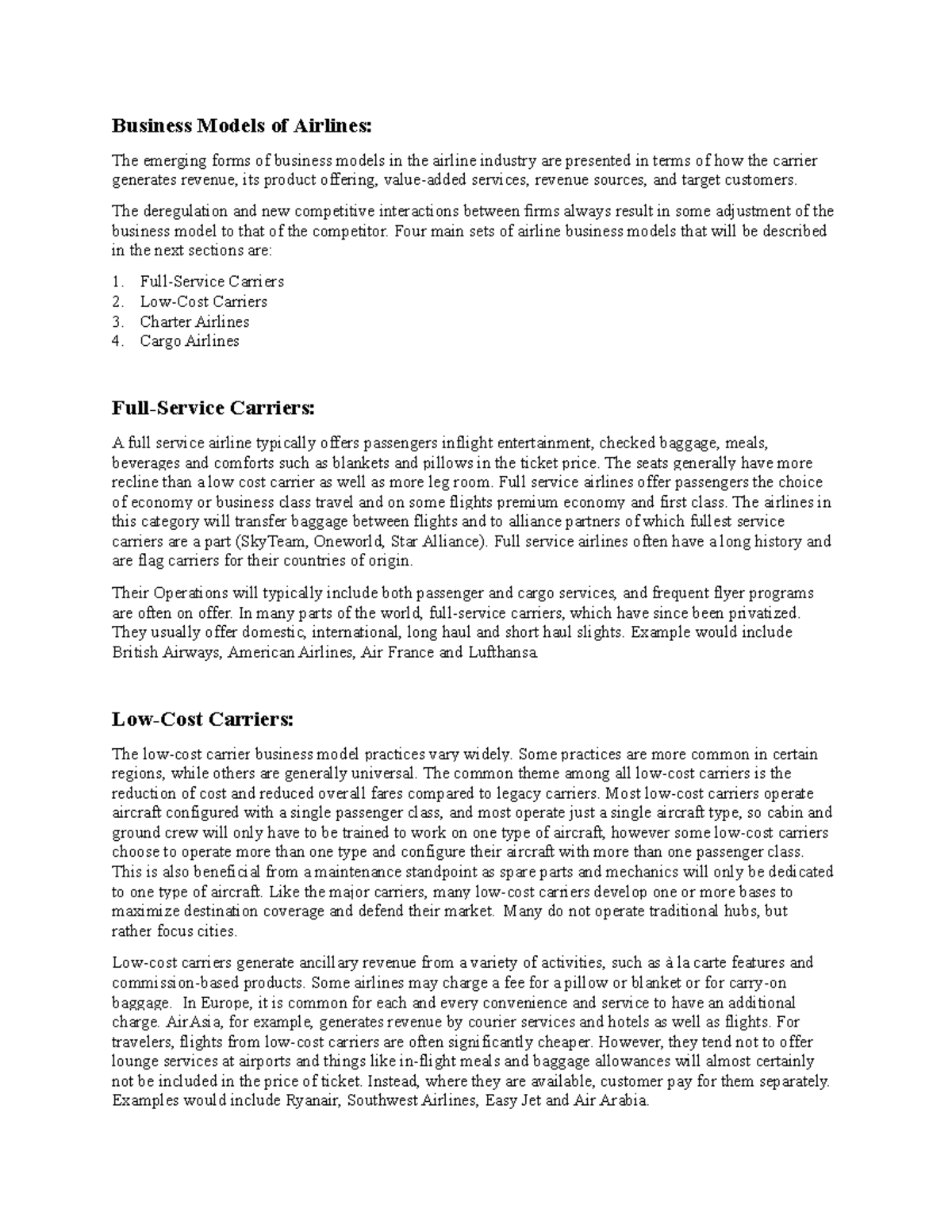 AIS Project Report - Business Models of Airlines: The emerging forms of ...