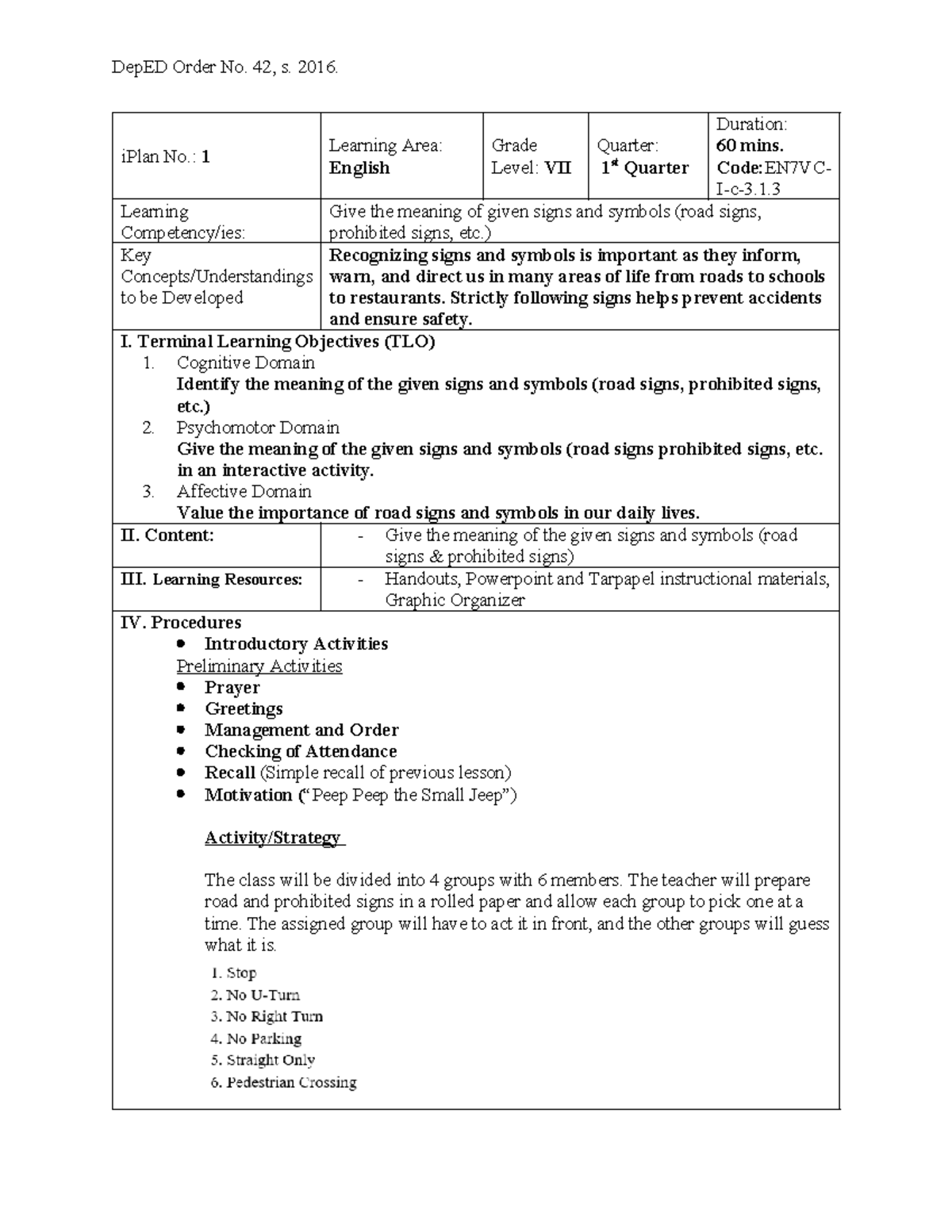 I Plan - Lacia: Lesson Plan on Road Signs (DepED Order No. 42, s. 2016 ...