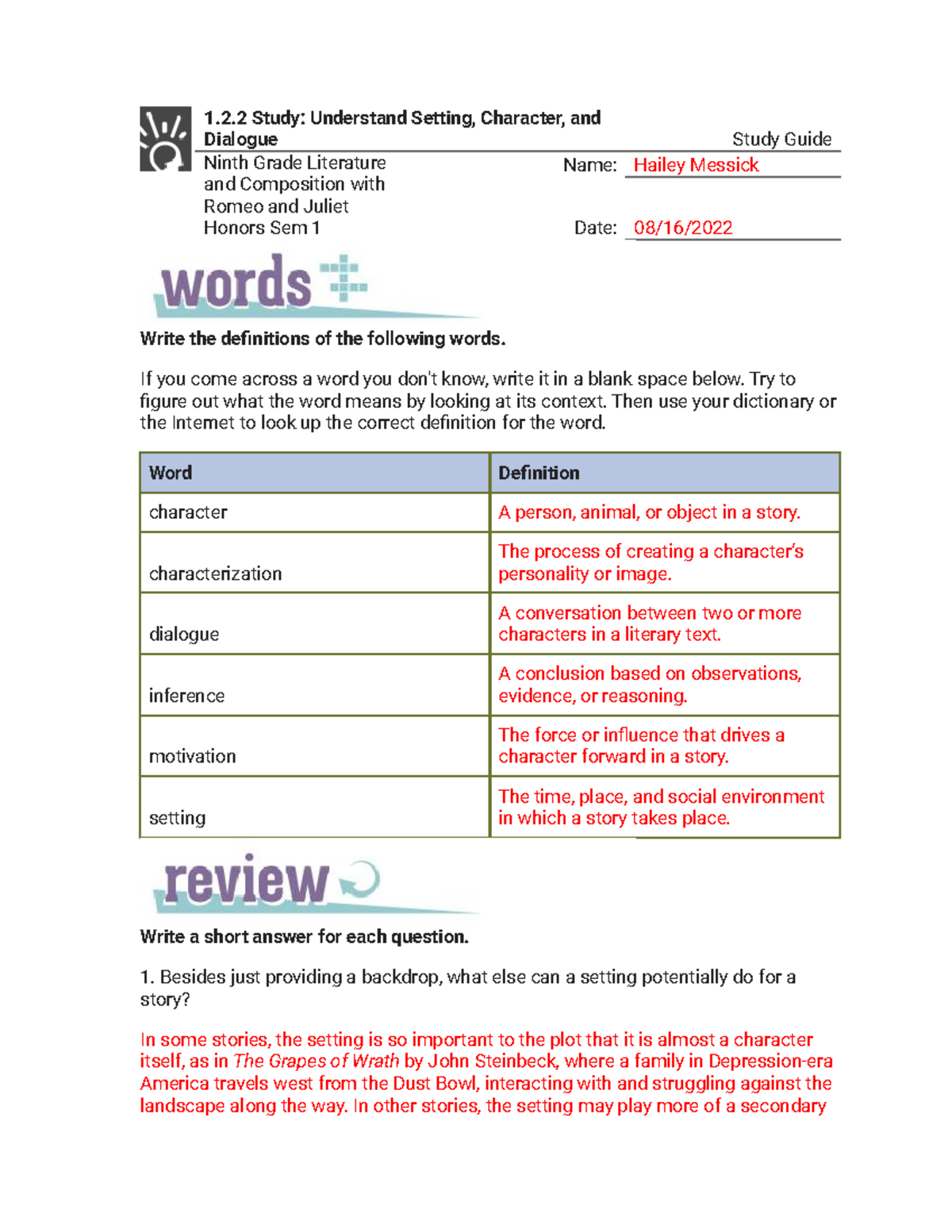 1.2.2 Study Guide - Analyzing Setting, Character, and Dialogue in ...