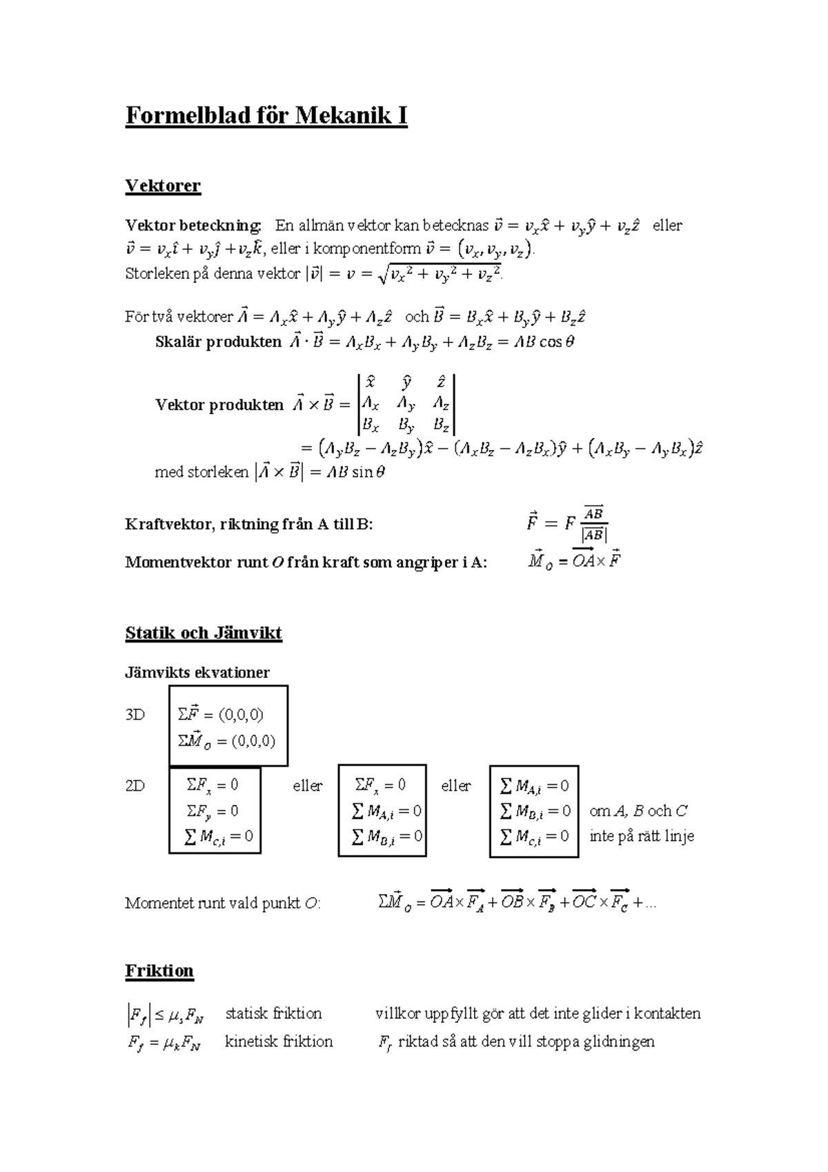 MFY006 - Formelsamling HT22 - Formelblad för Mekanik I Vektorer Vektor ...