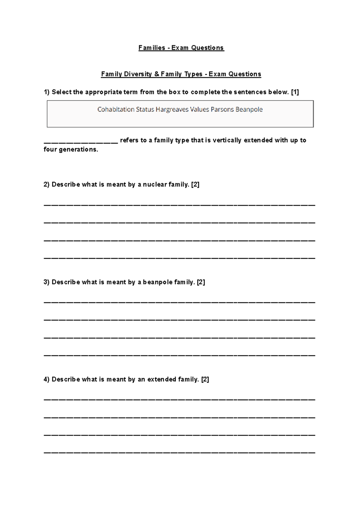 Families (Exam) - Diversity, Types & Relationships Questions - Studocu