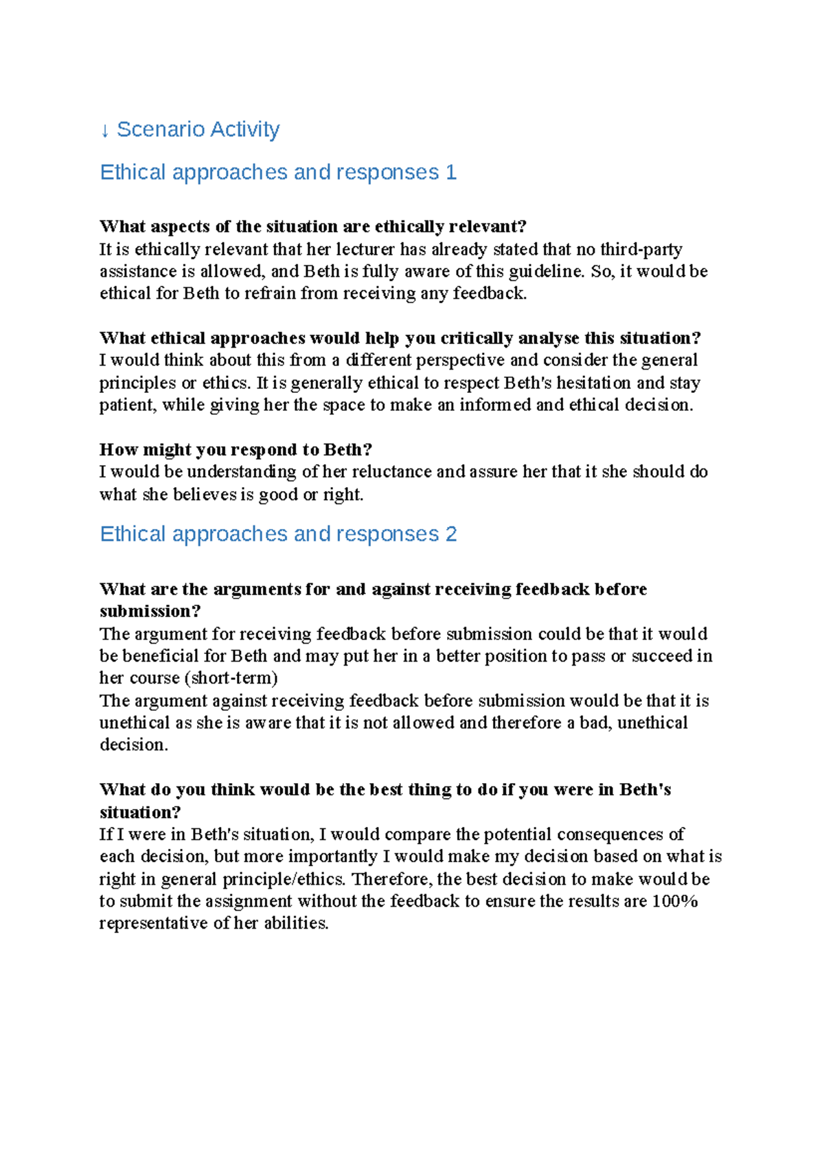 Ethical Analysis of Feedback in Academic Integrity - Scenario Activity ...