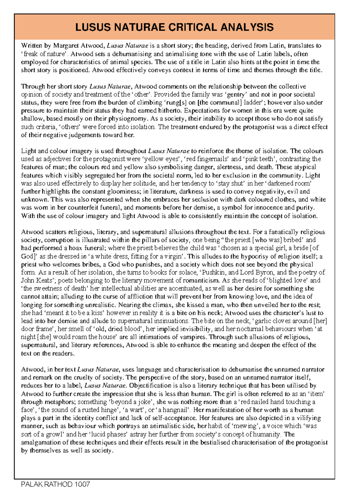 Critical Analysis of Lusus Naturae by Margaret Atwood - Studocu