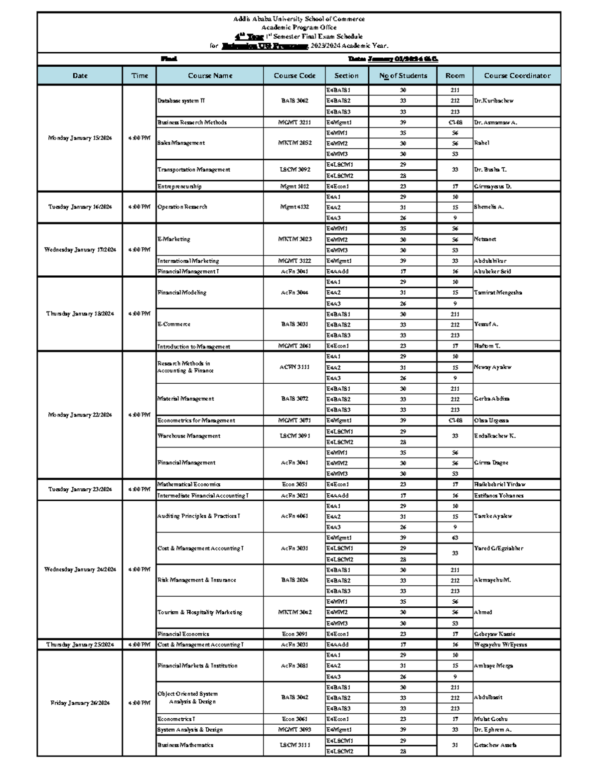 4th Year 1st Semester Final Exam Schedule for UG Extension Program 21016 - Studocu