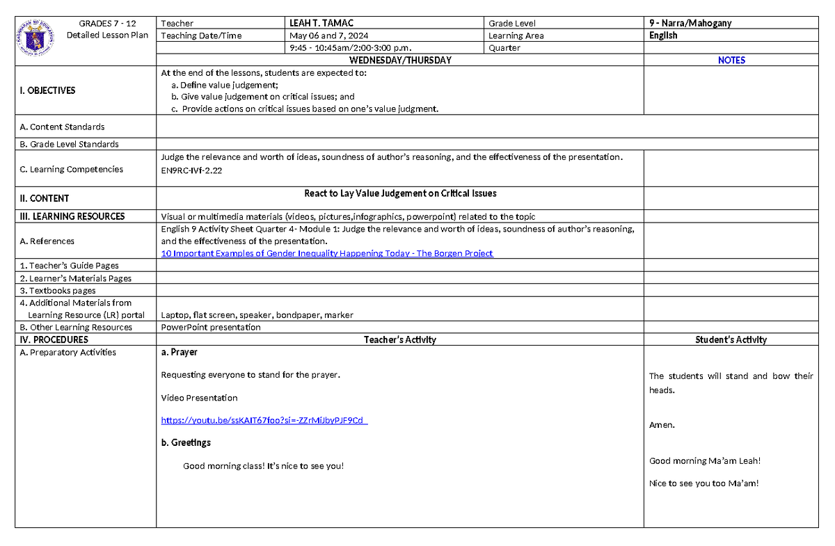 Grades 9 LAY Value Judgment - GRADES 7 - 12 Detailed Lesson Plan Teacher LEAH T. TAMAC Grade ...