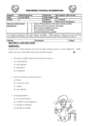 Grade 7 Geography Exam June 2021 - TOM NEWBY SCHOOL Subject Geography ...