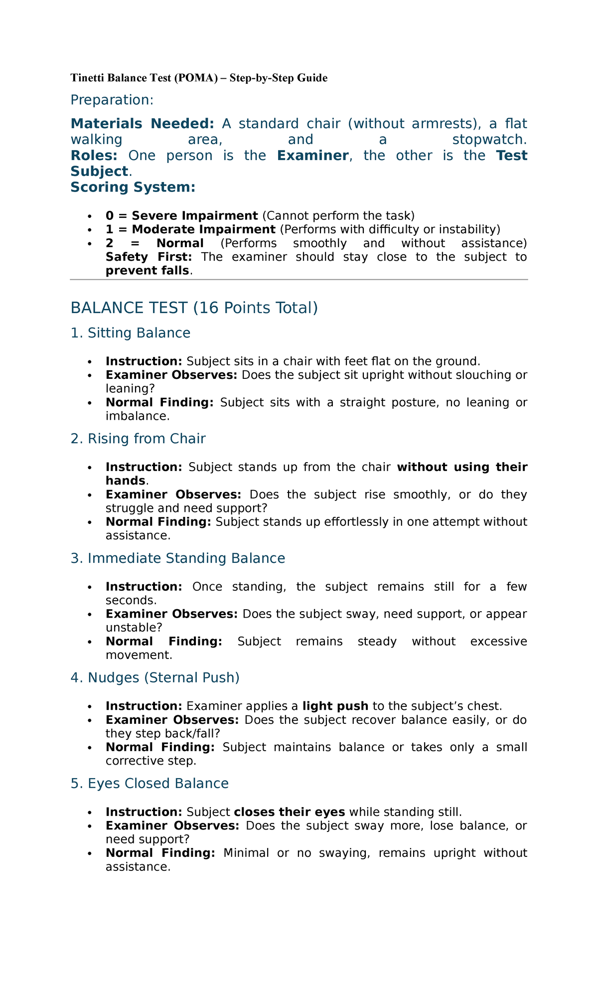 Tinetti Balance Test( POMA) Guidelines - Tinetti Balance Test (POMA ...
