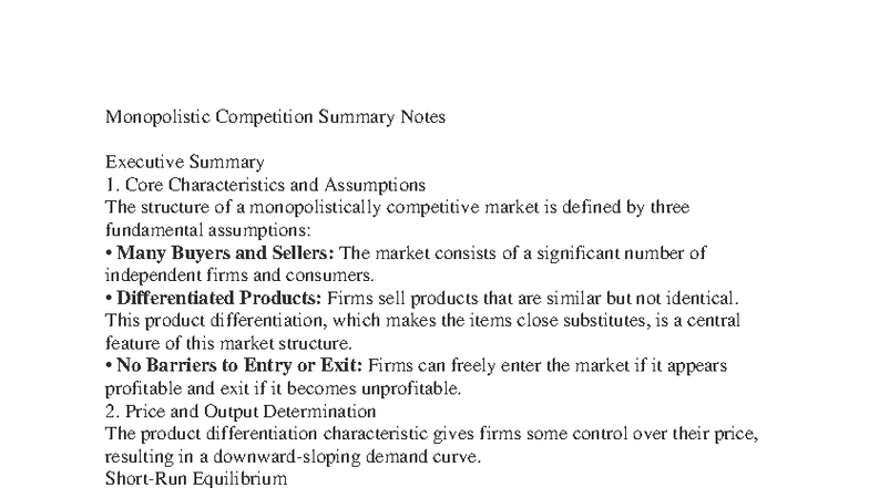 Monopolistic Competition (ECO 101) Summary Notes and Key Concepts - Studocu