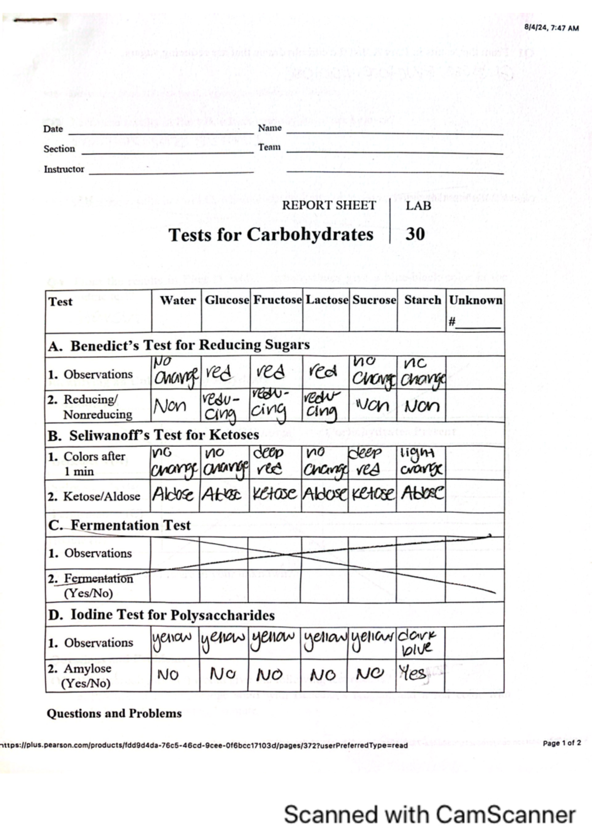 Carbohydrate Testing Lab Report: Analysis & Observations - Studocu