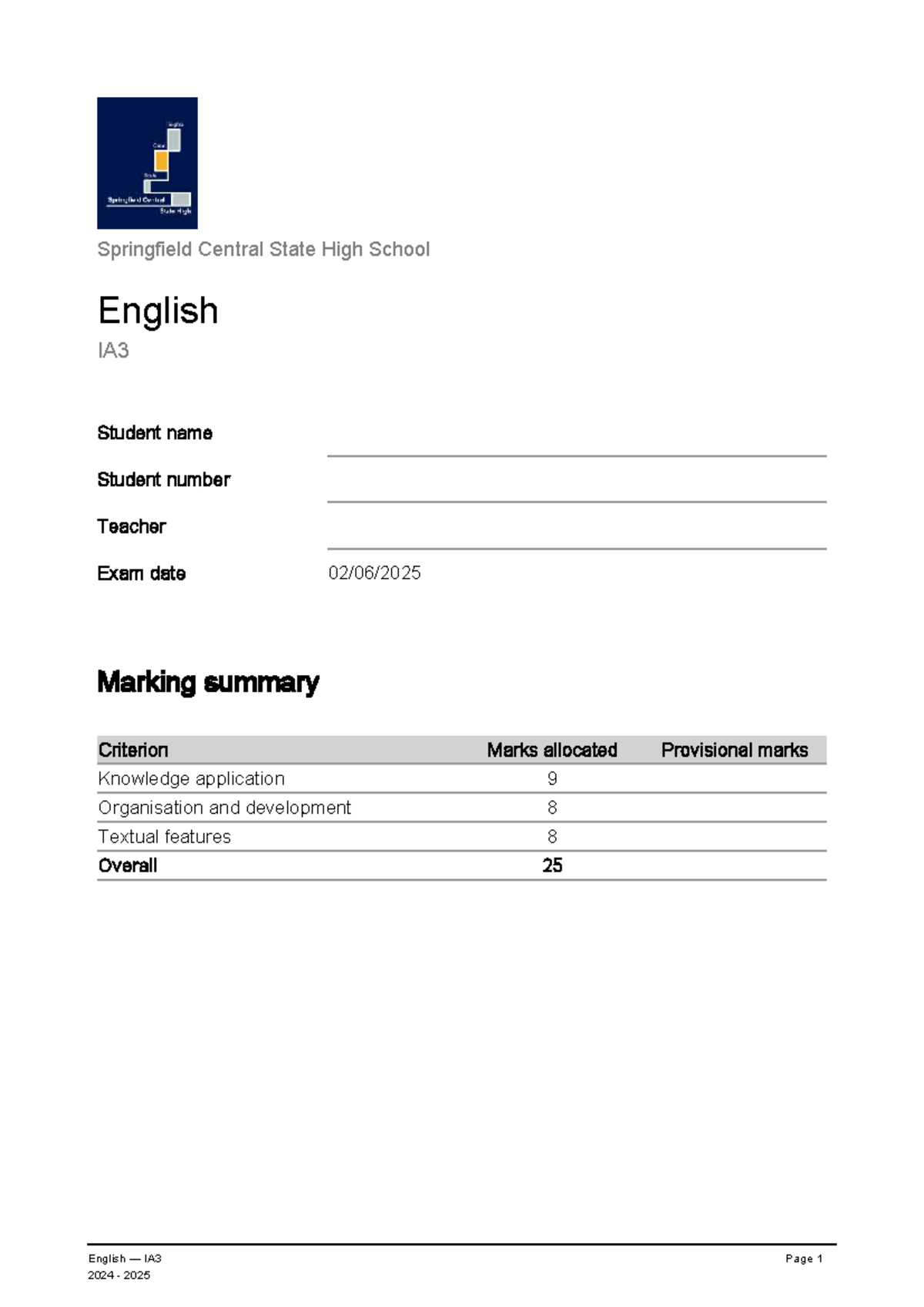 ENG IA3 Exam SEEN - Imaginative Written Response Tasksheet - Studocu