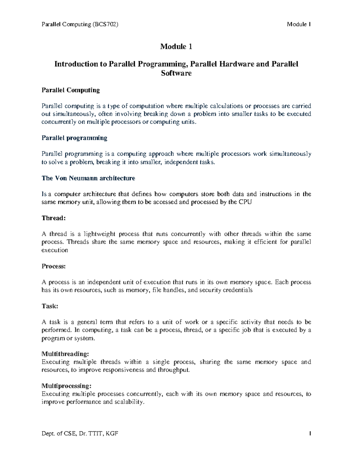 BCS702 Parallel Computing Module 1: Intro to Parallel Programming and Hardware - Studocu