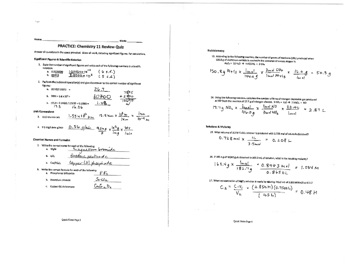 Chem 11 Review Key: Essential Concepts and Practice Questions - Studocu