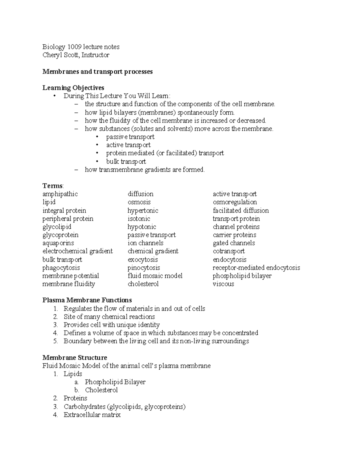 Biology 1009 Lecture Notes: Membrane Structure & Transport Processes ...