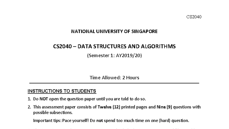 CS2040 S1 Final Exam Sample Answers: Data Structures & Algorithms - Studocu