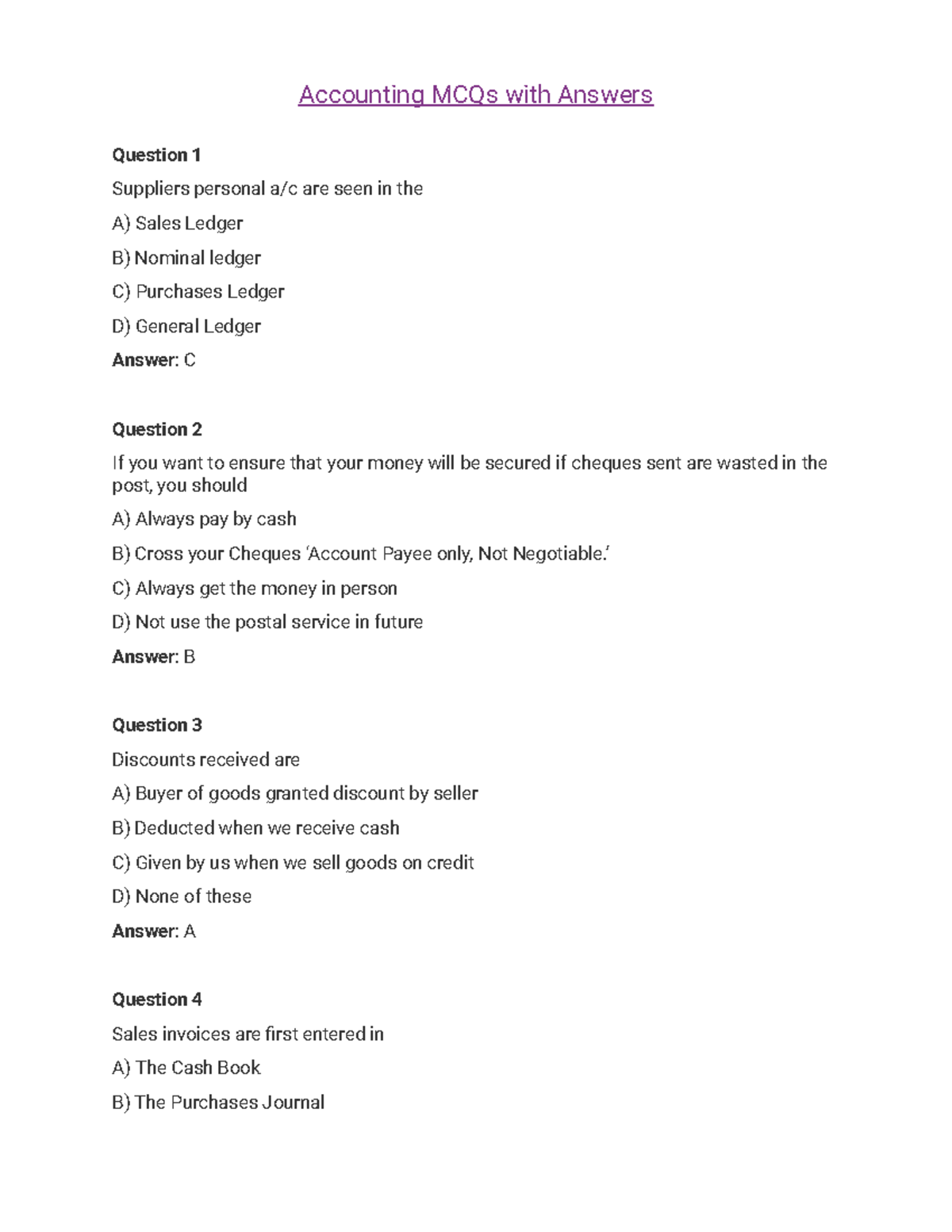 ACC101 MCQs for Accounting with Answers - Study Guide - Studocu