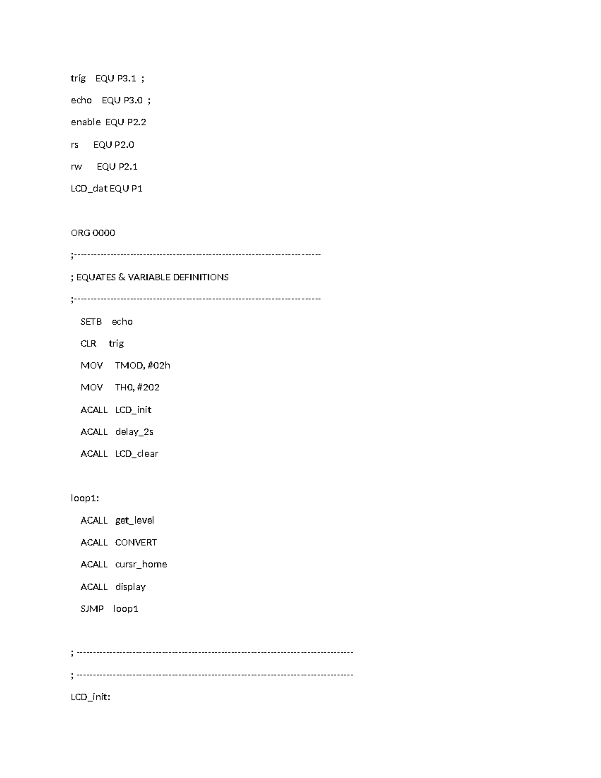 Abs codes - assignmnet - trig EQU P3 ; echo EQU P3 ; enable EQU P2. rs ...