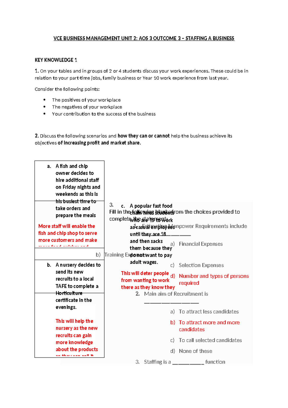 VCE BUSINESS MANAGEMENT UNIT 2: AOS 3 STAFF PERFORMANCE & OBJECTIVES ...