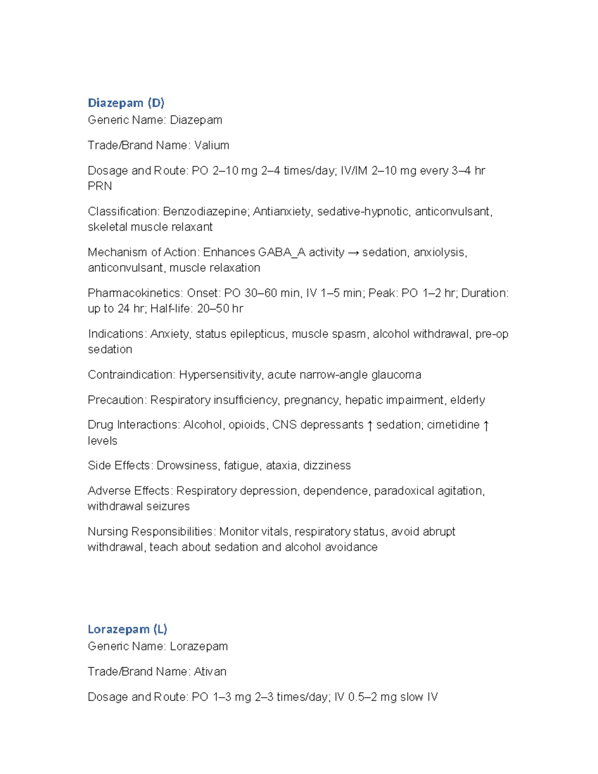 Drug Study: Diazepam, Lorazepam, Oxazepam, Ipsapirone, Gepirone - Studocu