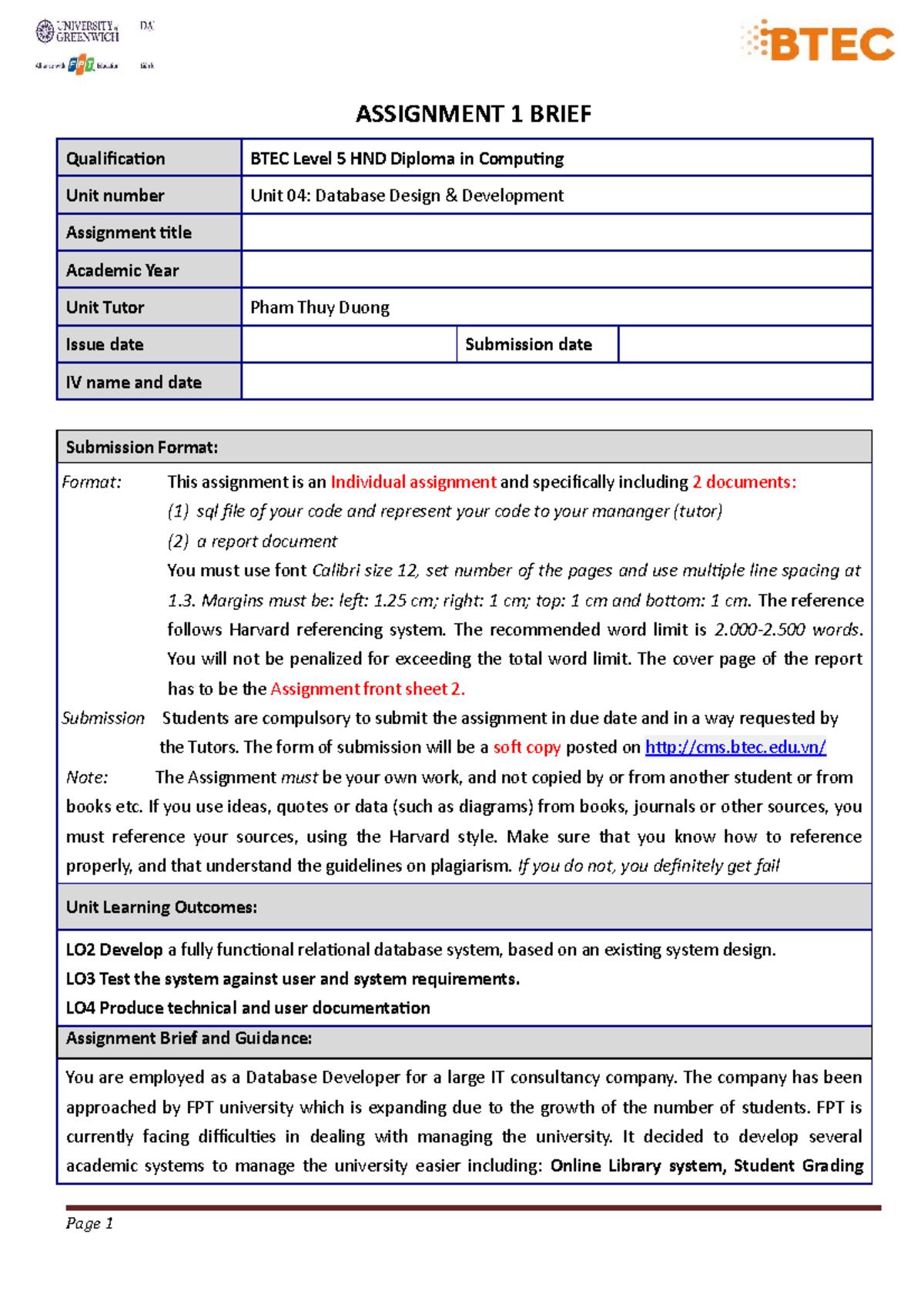 04-DDD.Assignment 1 - Brief & Guidance for Database Design - Studocu