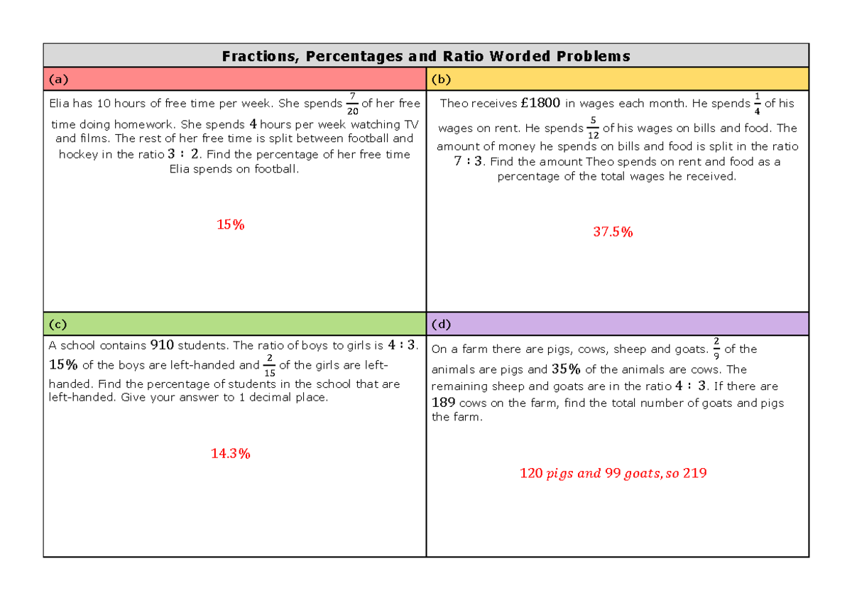 Fractions, Percentages & Ratios Word Problems - Grid Answers - Studocu