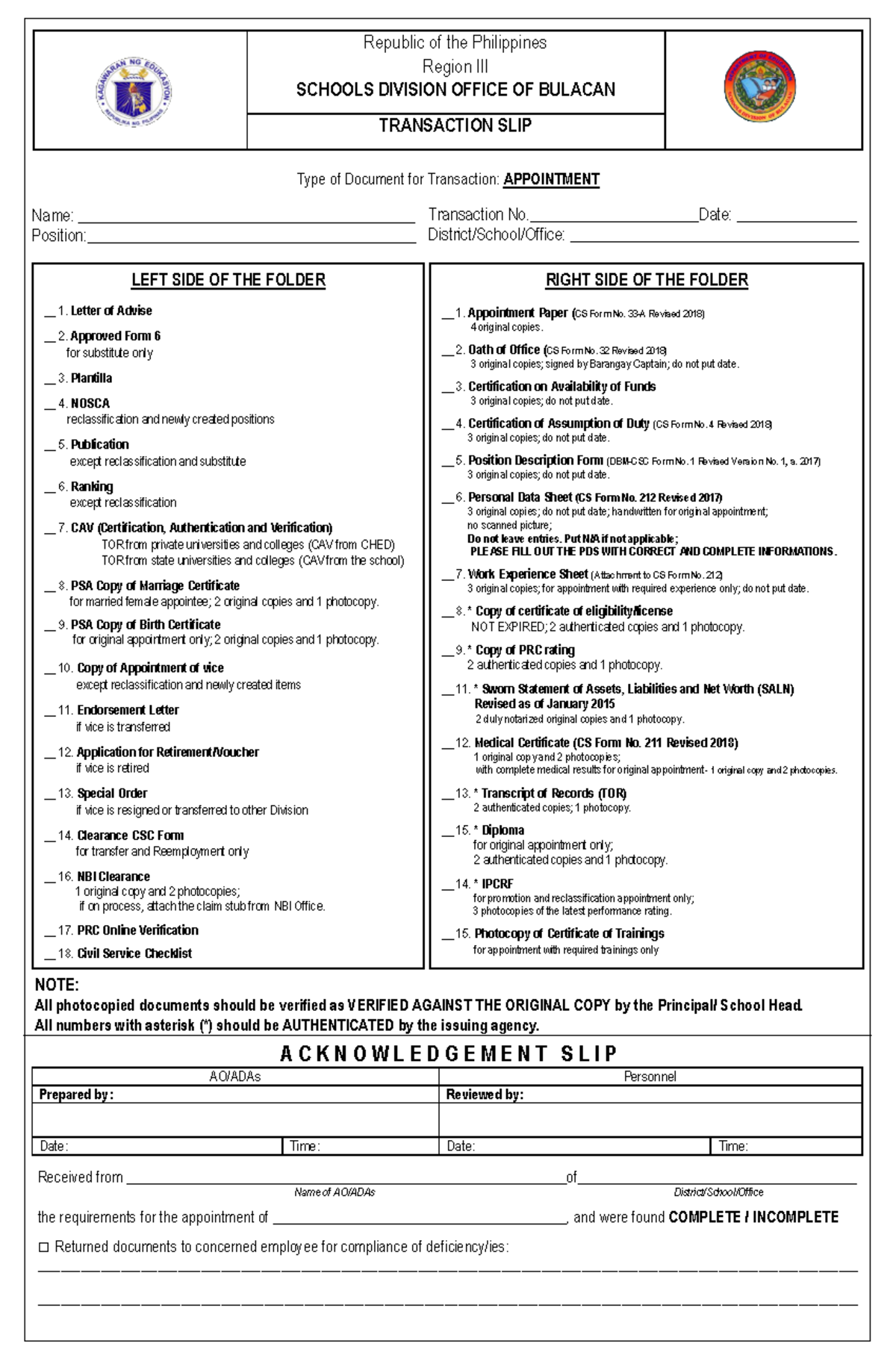 Appointment Transaction Slip - Requirements & Guidelines (SLIP) - Studocu