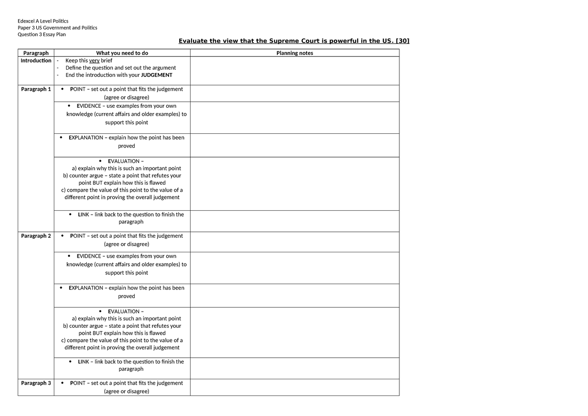 27. Task Two Planning Grid - Edexcel A Level Politics Paper 3 US ...