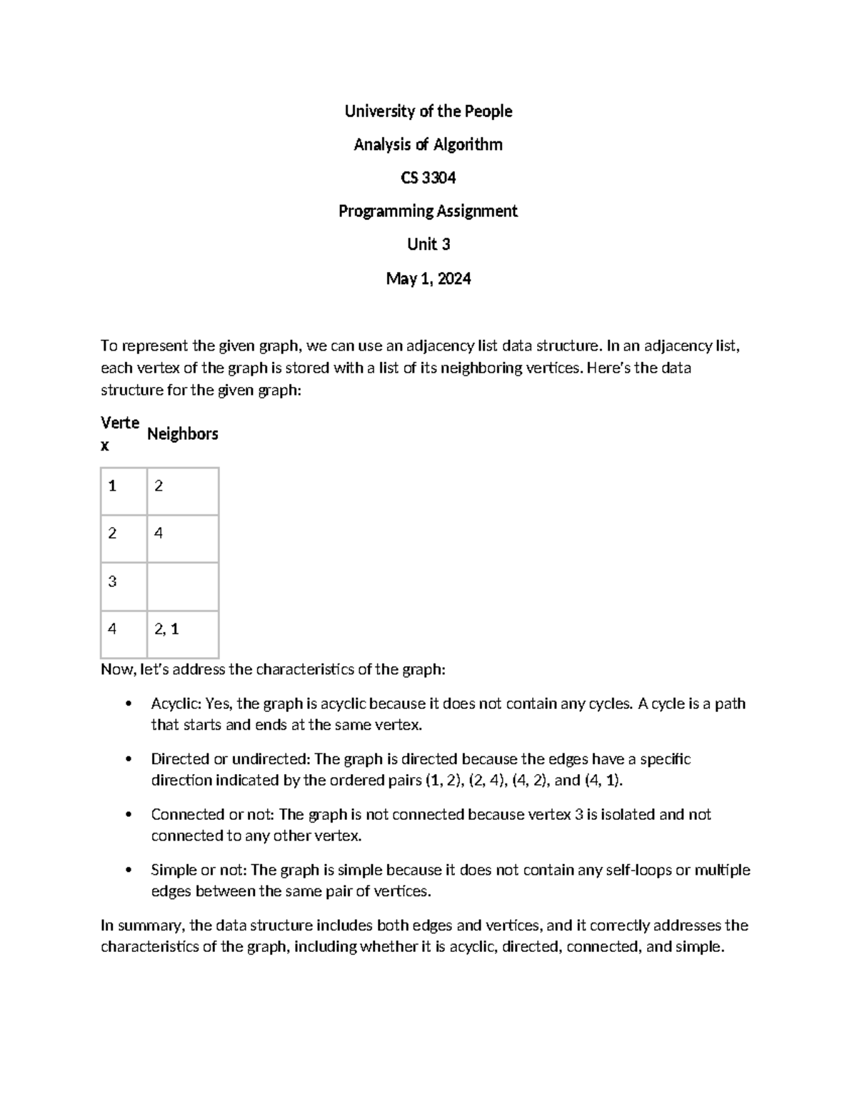 CS 3304 Programming Assignment Unit 3 - University of the People ...