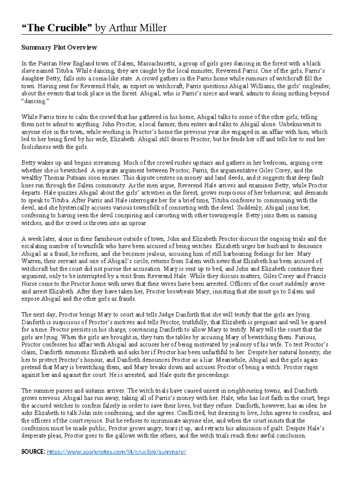 W1L2 The Crucible: Detailed Plot Summary and Analysis - Studocu