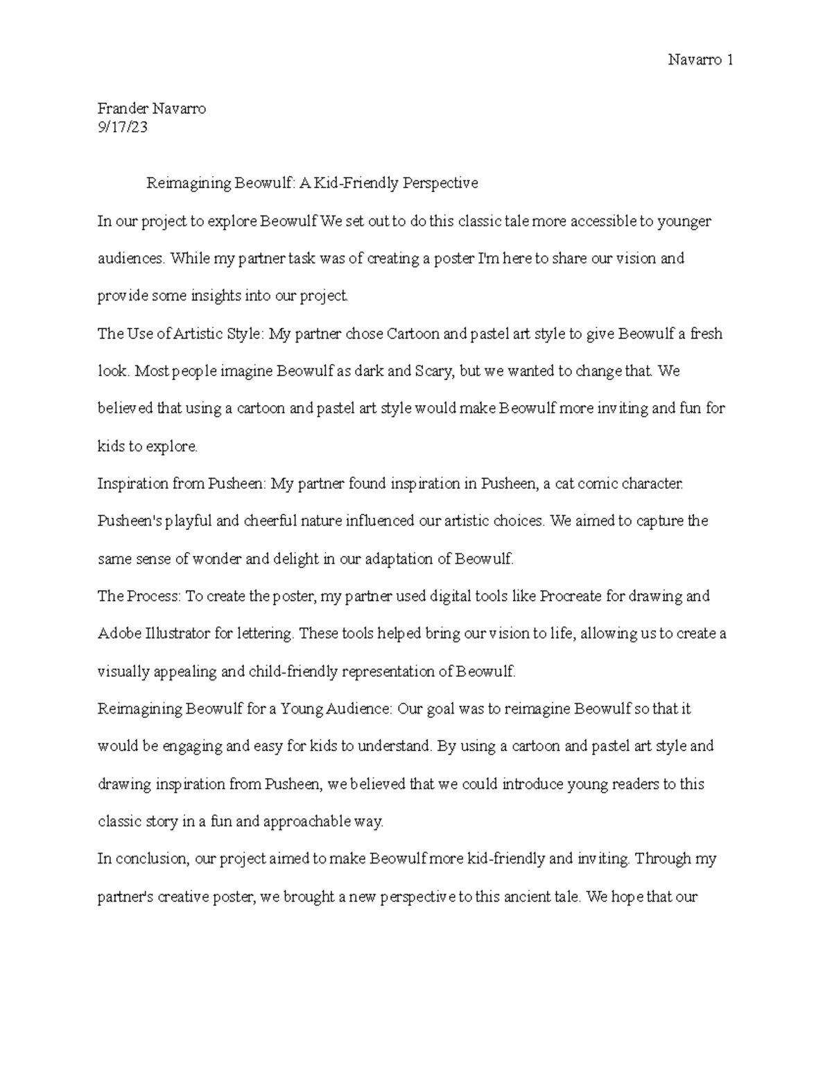 English Essay - Reimagining Beowulf for Kids - Studocu