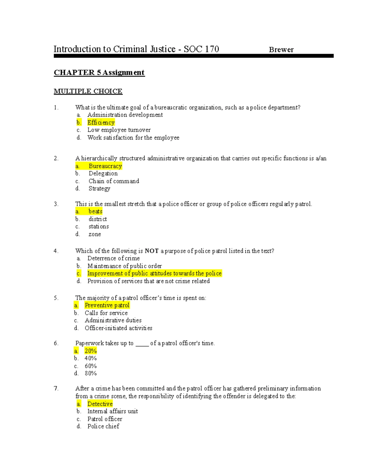 Chapter 1 Assignment - Introduction to Criminal Justice - SOC 170 Brewer CHAPTER 1 Assignment ...