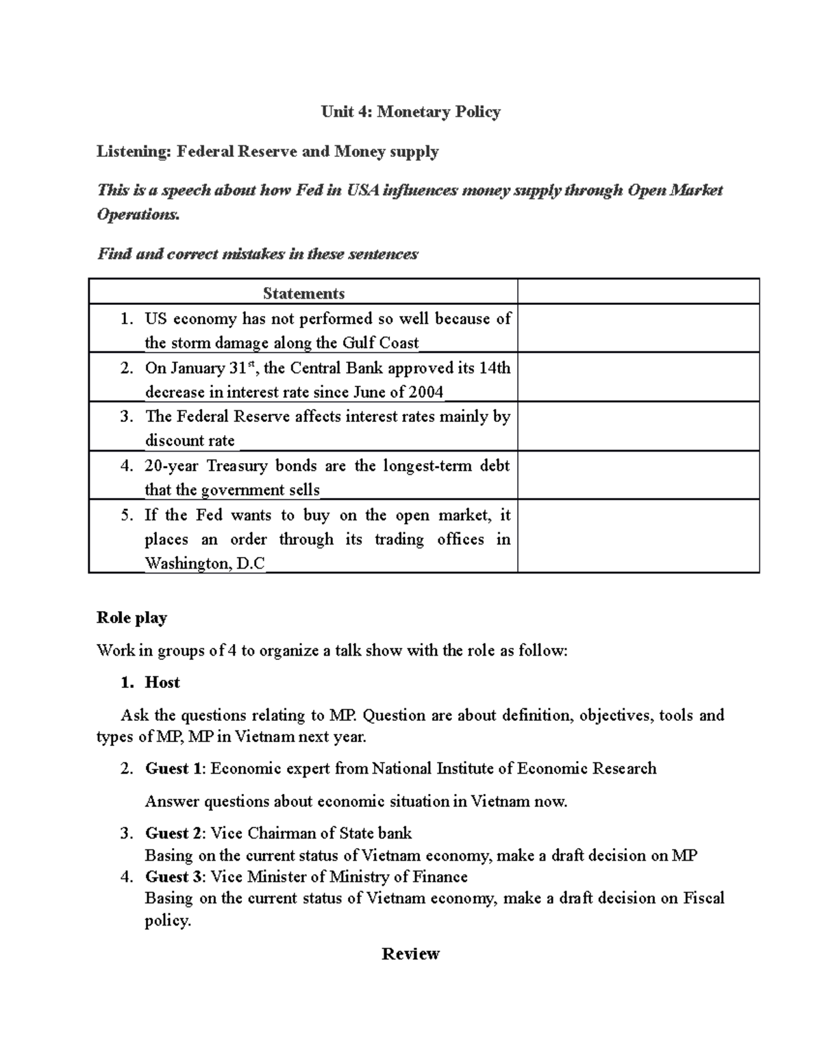 Unit 4: Monetary Policy - Exam Review and Corrections - Studocu
