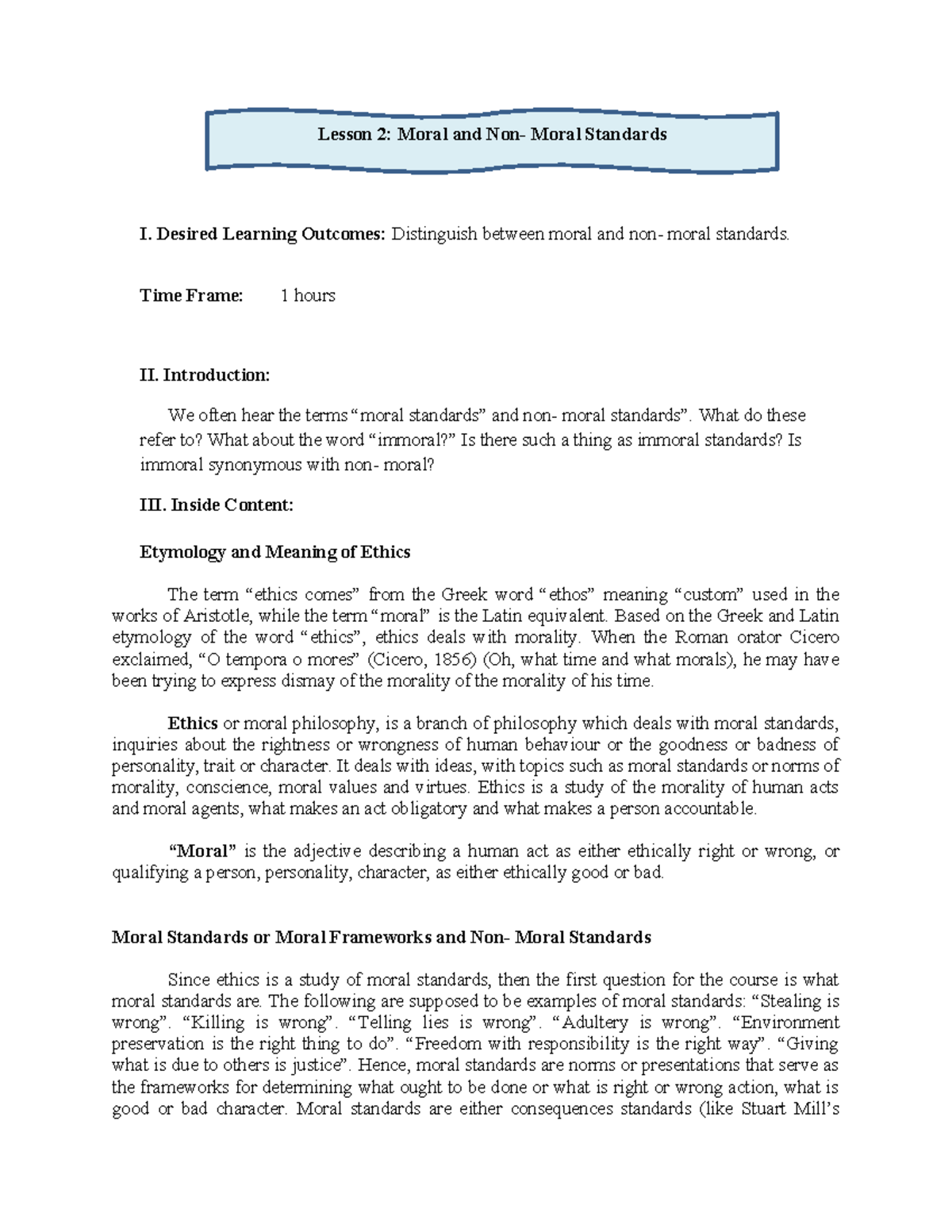 Lesson 2: Understanding Moral and Non-Moral Standards - Studocu