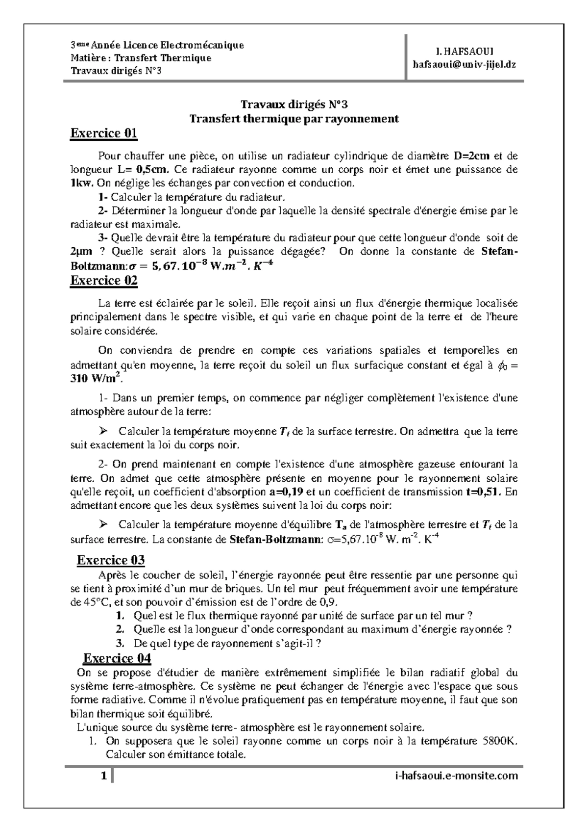 Transfert thermique exercices corrigés 03 - TD de Transfert de Chaleur. Série N°1 Généralités I ...