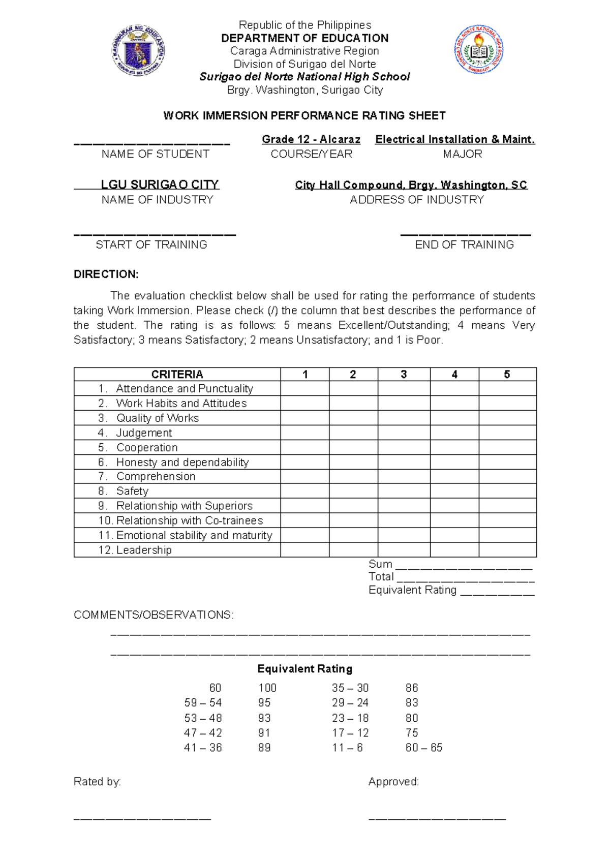 Evaluation Form - Work Immersion Performance Rating Sheet - Studocu