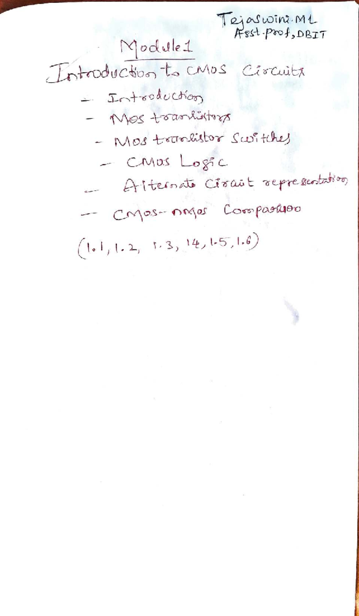 DBIT Module 1: Intro to CMOS Circuits and MOS Transistors - Studocu